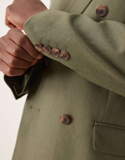 Asos Design Double Breasted Slim Suit With Linen In Green Asos