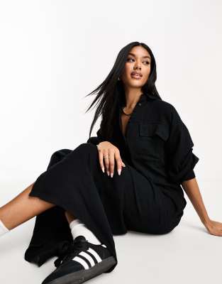 ASOS DESIGN double cloth oversized maxi shirt dress in black | ASOS