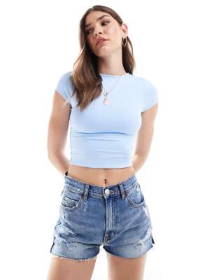 ASOS DESIGN double layer second skin short sleeve crop top in blue | ASOS