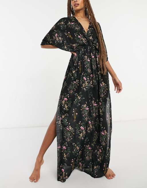 ASOS DESIGN drape maxi beach dress in dark floral print | ASOS