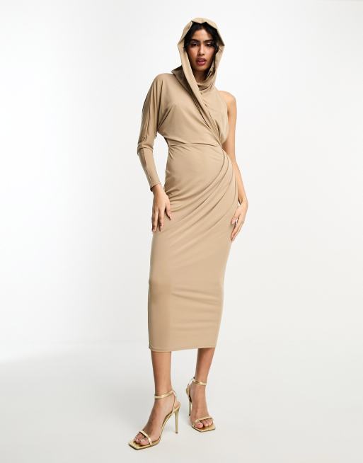 Asos Design Drapowana Sukienka Midi Na Jedno Ramię W Kolorze Mocha Asos