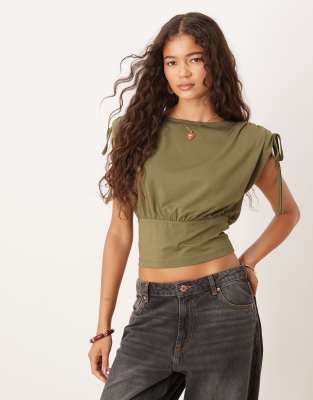 ASOS DESIGN drawstring power shoulder cinched top in olive | ASOS