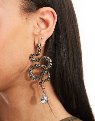 ASOS DESIGN drop earrings with burnished crystal snake detail in gold ...