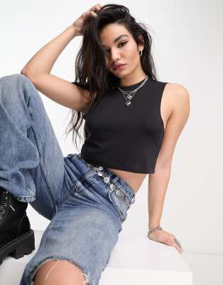 ASOS DESIGN dropped arm hole raw edge tank top in black | ASOS