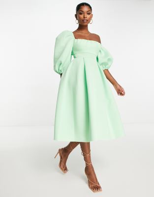 ASOS DESIGN dropped puff sleeve midi skater dress in apple green | ASOS