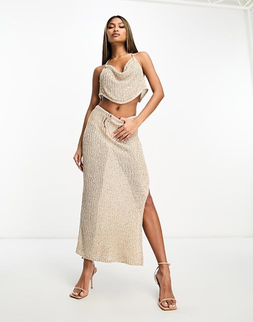 ASOS DESIGN – Dzianinowa spódnica maxi z przędzy z cekinami w złotym ... ASOS DESIGN – Dzianinowa spódnica maxi z przędzy z cekinami w złotym ...