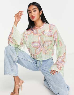 ASOS DESIGN embellished long sleeve top with floral pattern | ASOS