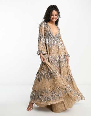ASOS DESIGN embellished scatter sequin plunge maxi dress with balloon sleeves in taupe | ASOS