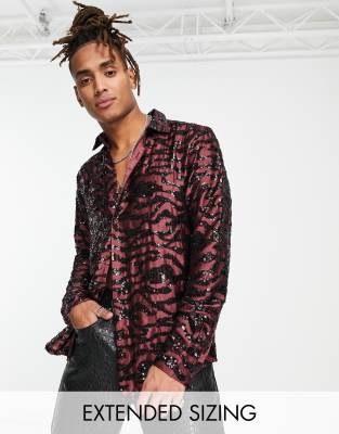 ASOS DESIGN embellished shirt with tiger sequin design in brown | ASOS
