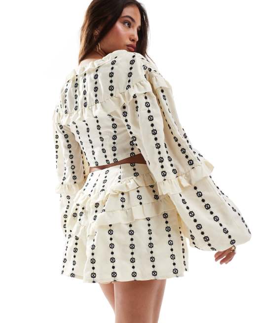 ASOS DESIGN embroidered frill shorts in cream - part of a set | ASOS