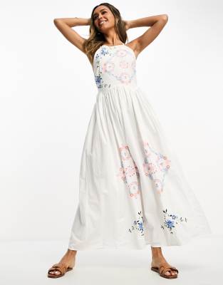 ASOS DESIGN embroidered pinny midi dress with open back and cutwork ...