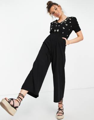 ASOS DESIGN embroidered ruched sleeve jumpsuit in black | ASOS