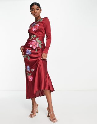 ASOS DESIGN embroidered satin long sleeve maxi dress in berry red | ASOS