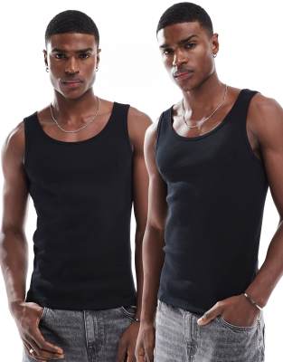 ASOS DESIGN essential 2 pack muscle fit singlets in black rib | ASOS