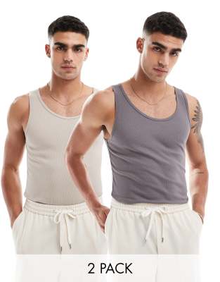 ASOS DESIGN essential 2 pack muscle fit singlets in charcoal and taupe ...