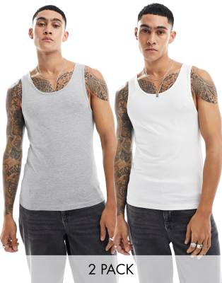 ASOS DESIGN essential 2 pack muscle fit singlets in white and grey marl ...