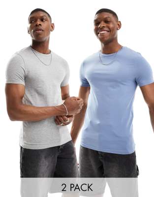 ASOS DESIGN essential 2 pack muscle fit t-shirts in mid blue and ...