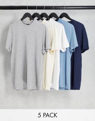 ASOS DESIGN essential 5 pack t-shirts with cuffed sleeves in multiple ...