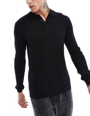 ASOS DESIGN essential muscle fit knitted rib polo neck sweater in black ...