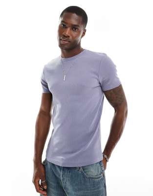 ASOS DESIGN essential muscle fit rib t-shirt in mid blue | ASOS