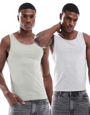 ASOS DESIGN essentials 2 pack muscle fit singlets in grey and green | ASOS