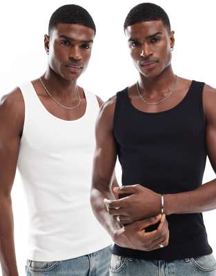 ASOS DESIGN essentials 2 pack muscle fit tanks in black and cream rib ...