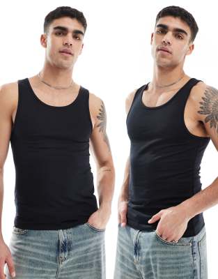 ASOS DESIGN essentials 2 pack muscle fit tanks in black | ASOS