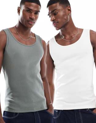 ASOS DESIGN essentials 2 pack muscle fit tanks in cream and khaki rib ...
