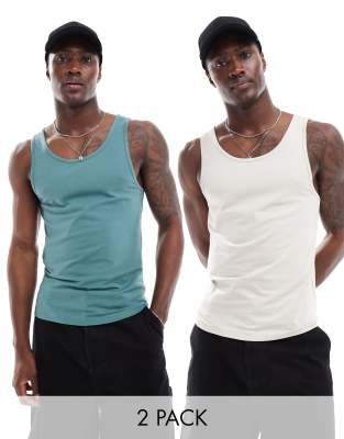 ASOS DESIGN essentials 2 pack muscle fit tanks in stone and mid green ...