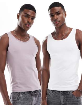 ASOS DESIGN essentials 2 pack muscle singlets in purple and white | ASOS