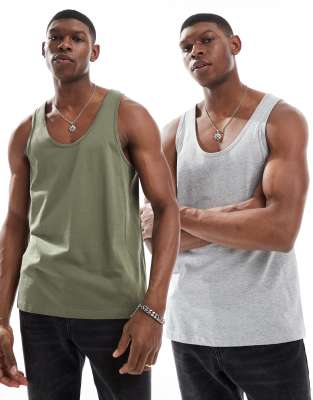 ASOS DESIGN essentials 2 pack vests in grey marl and khaki | ASOS