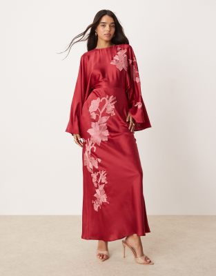 ASOS DESIGN exaggerated sleeve embroidered satin bias maxi dress in ...