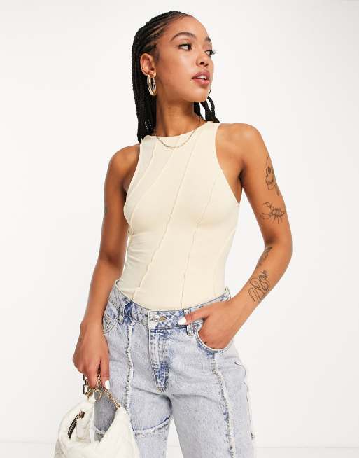 ASOS DESIGN exposed seam racer bodysuit in stone | ASOS