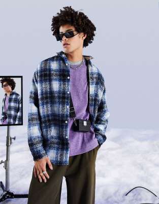 ASOS DESIGN extreme oversized brushed wool shacket in navy shadow check ...