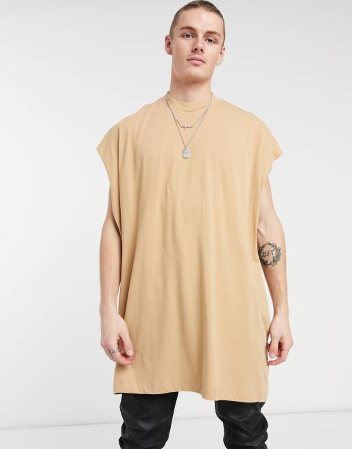 Asos Design Extreme Oversized Longline Sleeveless T Shirt In Tan Asos