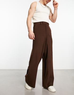 ASOS DESIGN extreme wide leg wool mix smart trouser in brown | ASOS