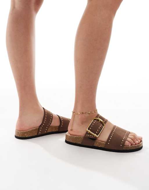 ASOS DESIGN Fallon studded footbed sandals in brown | ASOS