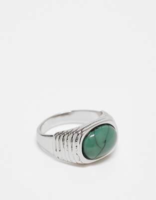 ASOS DESIGN faux blue stone signet ring in silver tone | ASOS