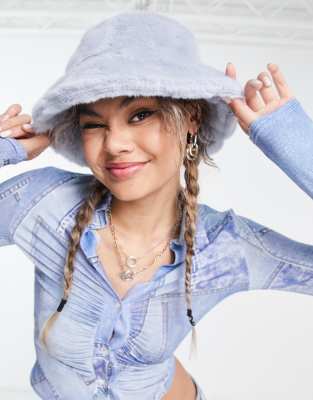 ASOS DESIGN faux fur bucket hat in blue | ASOS