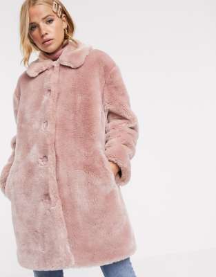 Asos Design Faux Fur Button Through Coat In Pink | ModeSens