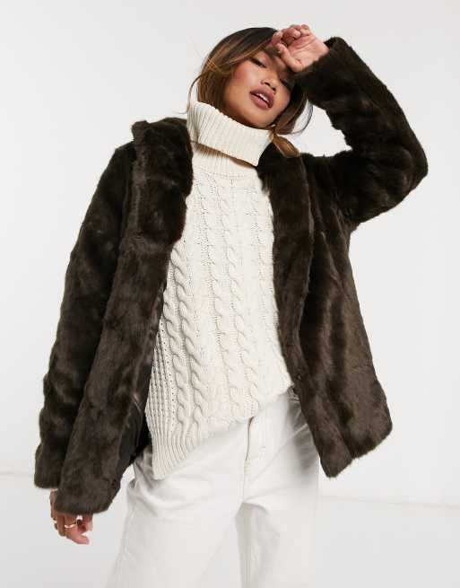 ASOS DESIGN faux-fur stand collar coat in brown | ASOS
