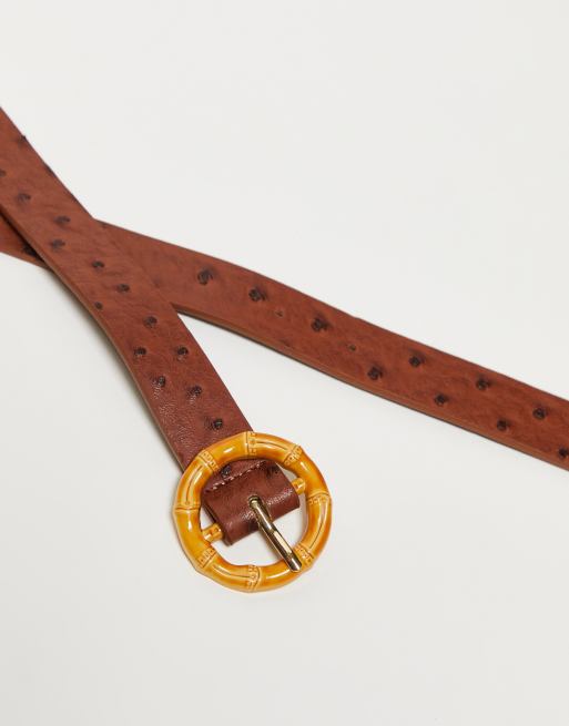 ASOS DESIGN faux leather belt in ostrich skin texture with wooden ...