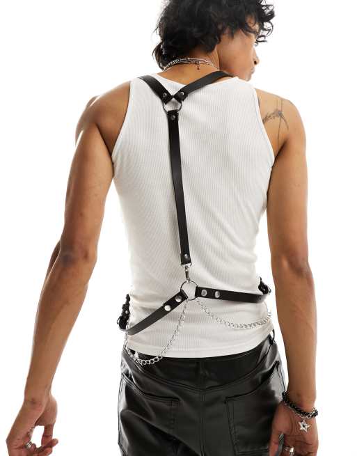 ASOS DESIGN faux leather harness with chain attachments in black | ASOS