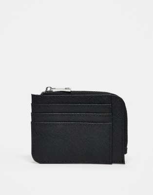 ASOS DESIGN faux leather saffiano card holder with zip in black | ASOS