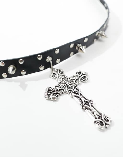 ASOS DESIGN faux leather statement choker with large cross in black | ASOS