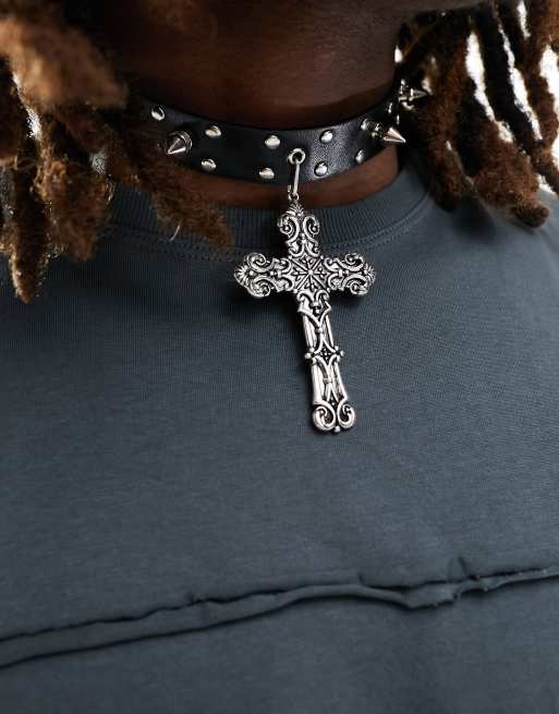 ASOS DESIGN faux leather statement choker with large cross in black | ASOS