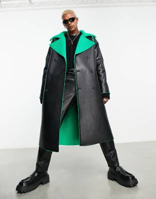 ASOS DESIGN faux leather trench coat with contrast borg lining in black ...