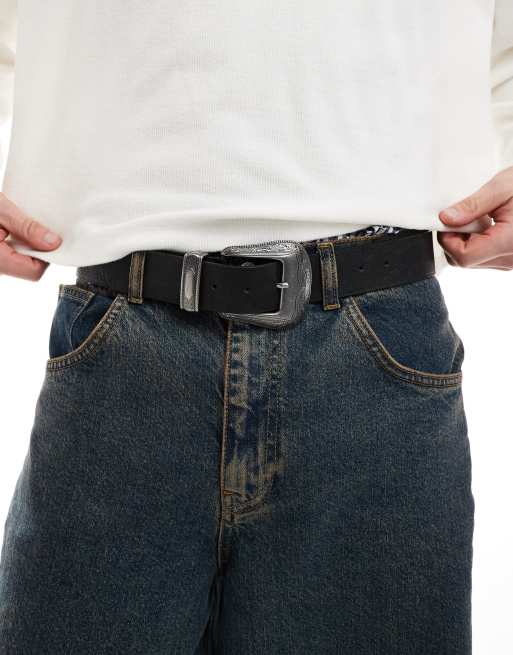 ASOS DESIGN faux leather western belt with embossing in black | ASOS