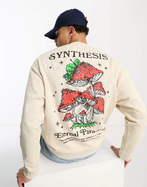 Asos Design Felpa Oversize Beige Con Stampa Di Funghi Sul Retro Asos