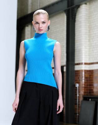 ASOS DESIGN fine knit high neck asymmetric hem top in blue | ASOS